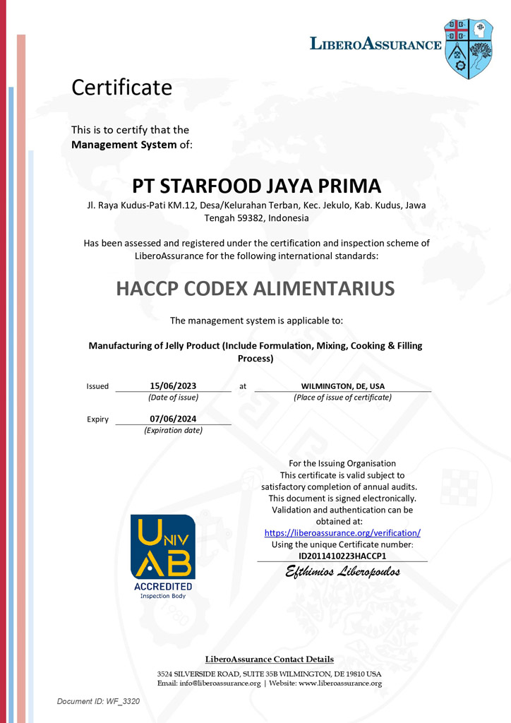 CERTIFICATES AND AWARDS – Starfood Jaya Prima